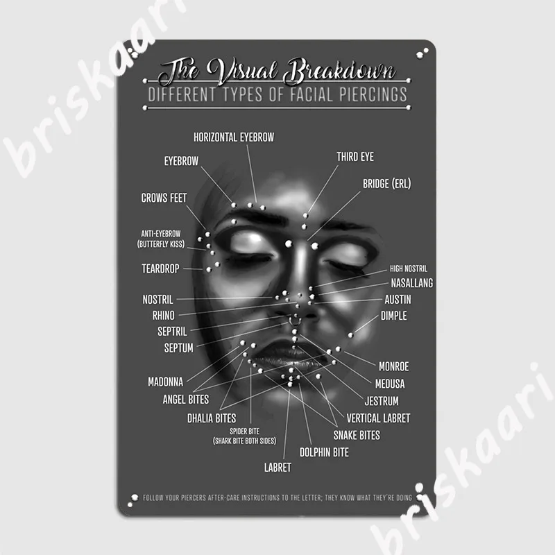 Face Piercing Chart Black And White Metal Sign Club Vintage Wall Decor ...