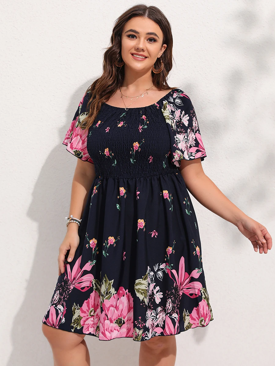 Finjani-Allover-Floral-Print-Shirred-Midi-Dress-Plus-Size-Lantern ...