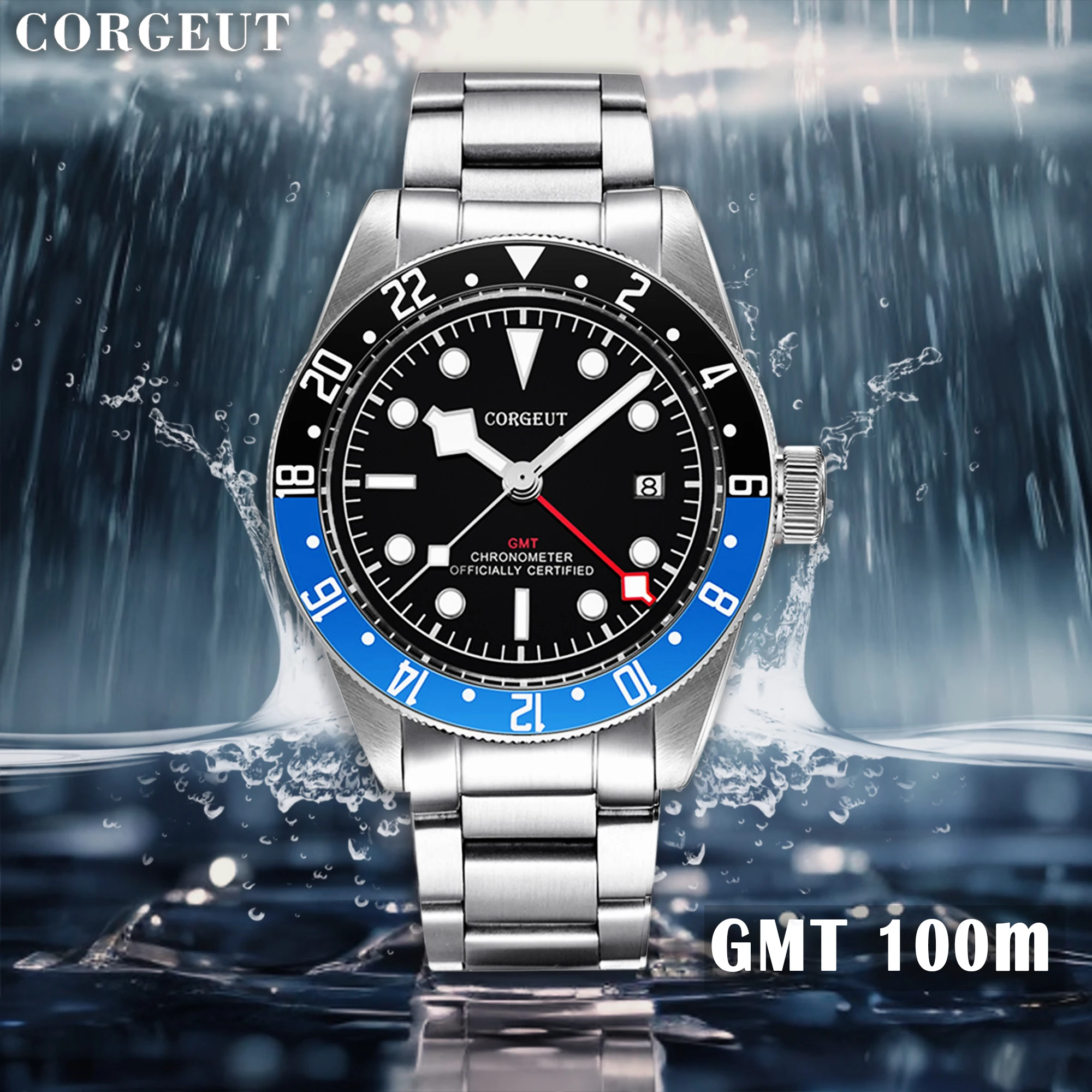 Corgeut 41mm Automatic Mechanical Watch Men GMT Dual Time Zone Swimming ...