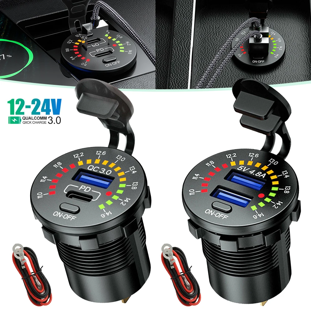 PD Type C USB Car Charger and QC 3.0 Charger 12V Power Outlet Socket ON ...