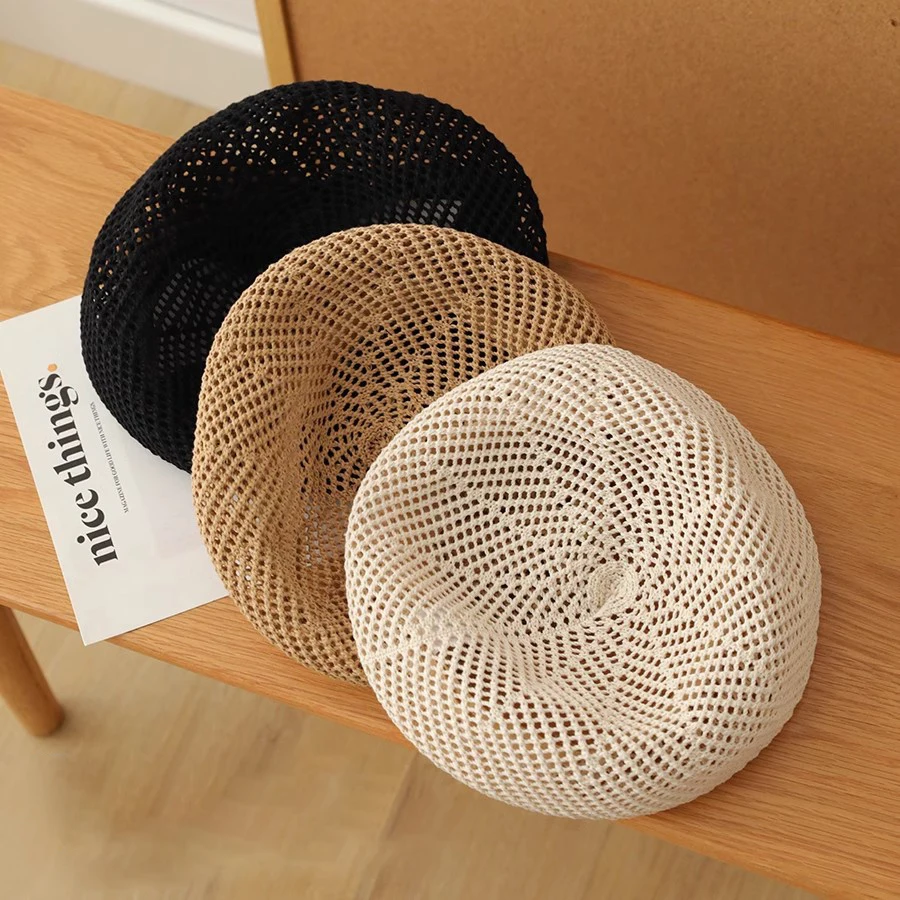Artistic-Beret-Spring-Summer-Breathable-Hollow-Knitted-Artist-Hat-New ...
