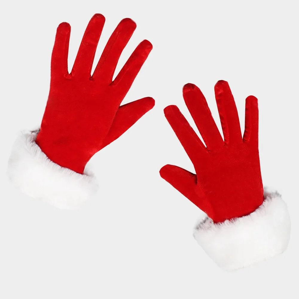 Santa Claus Festive Gloves White Fur Fancy Dress Party Short Red Santa ...
