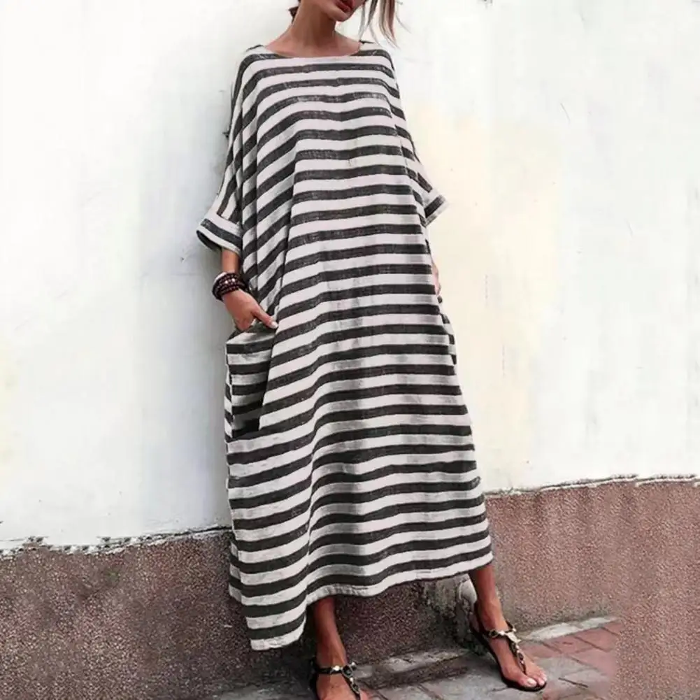 Casual-Striped-Print-Loose-Long-Dress-Elegant-Female-Home-Wear-Robe ...