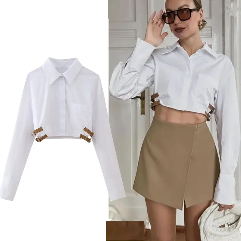 TRAF-camisa-corta-con-cintur-n-para-mujer-camisa-blanca-con-botones ...