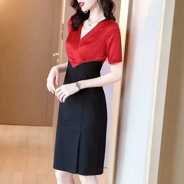 Woman Satin Elegant Midi Dress Contrasting Colors Fake Two Piece Spring ...