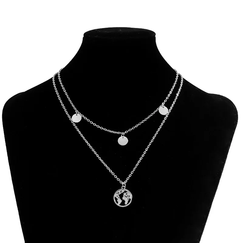 New-Round-World-Map-Pendant-Necklace-Double-Layer-Chain-Vintage-Boho ...