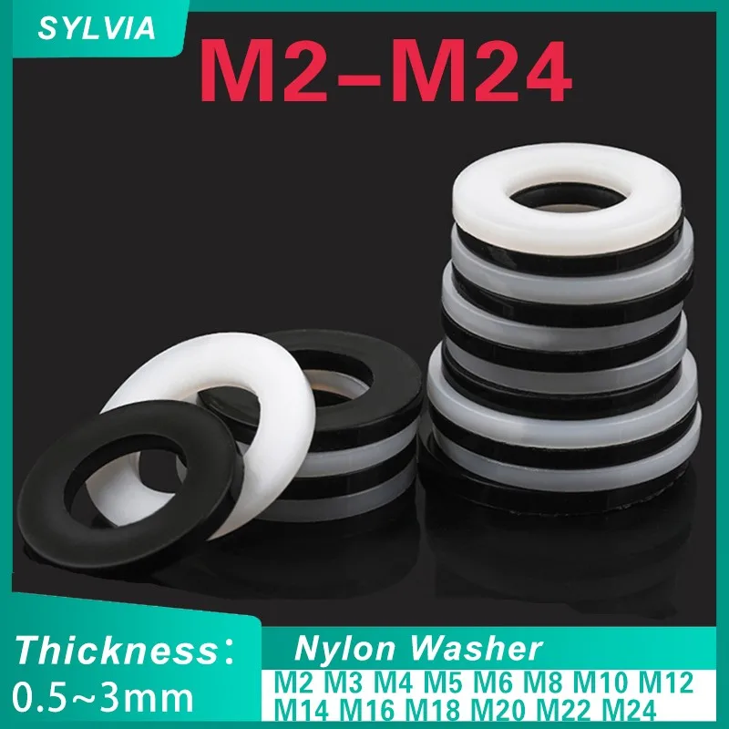 White/ Black Plastic Nylon Flat Washer Plane Spacer M2 M2.5 M3 M4 M5 M6 ...
