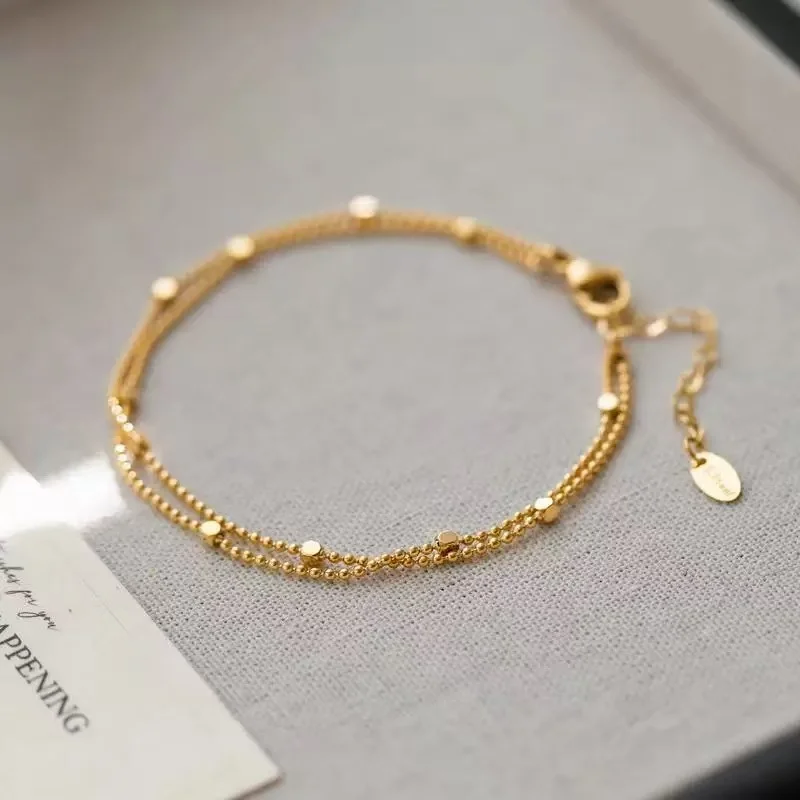 316L Stainless Steel Gold Color Beaded Thin Bracelets for Women Double ...