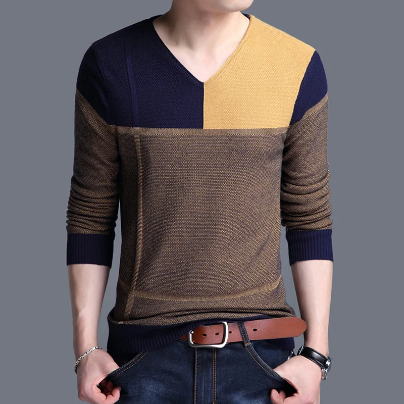 Autumn-Winter-New-Men-s-V-Neck-Sweater-Color-Block-Screw-Thread-Casual ...