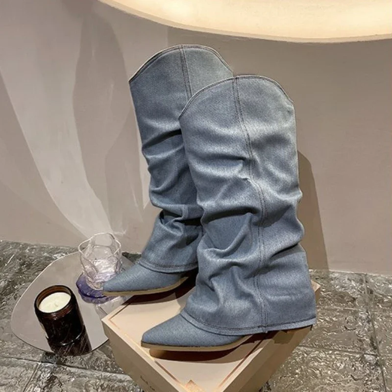 Botas vaqueras azules plisadas, Botas Chelsea a la moda para Mujer ...