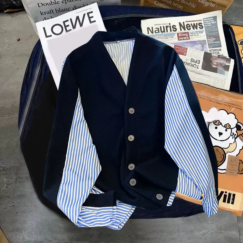 Casaco-de-malha-listrado-com-contraste-de-marca-da-moda-casaco-fino ...