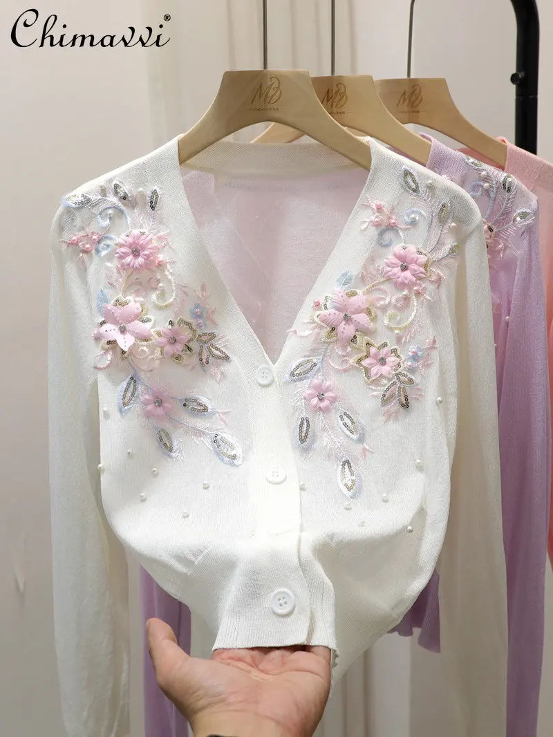 French-Exquisite-Embroidered-Flowers-V-neck-Short-Knitted-Top-Women ...