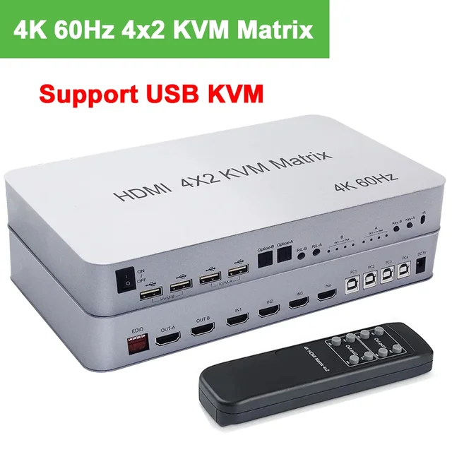 4K 60Hz Matrix HDMI KVM Switch 4x2 4 In 2 Out KVM Switcher Dual Monitor 4 Port KVM Switch Matrix ...