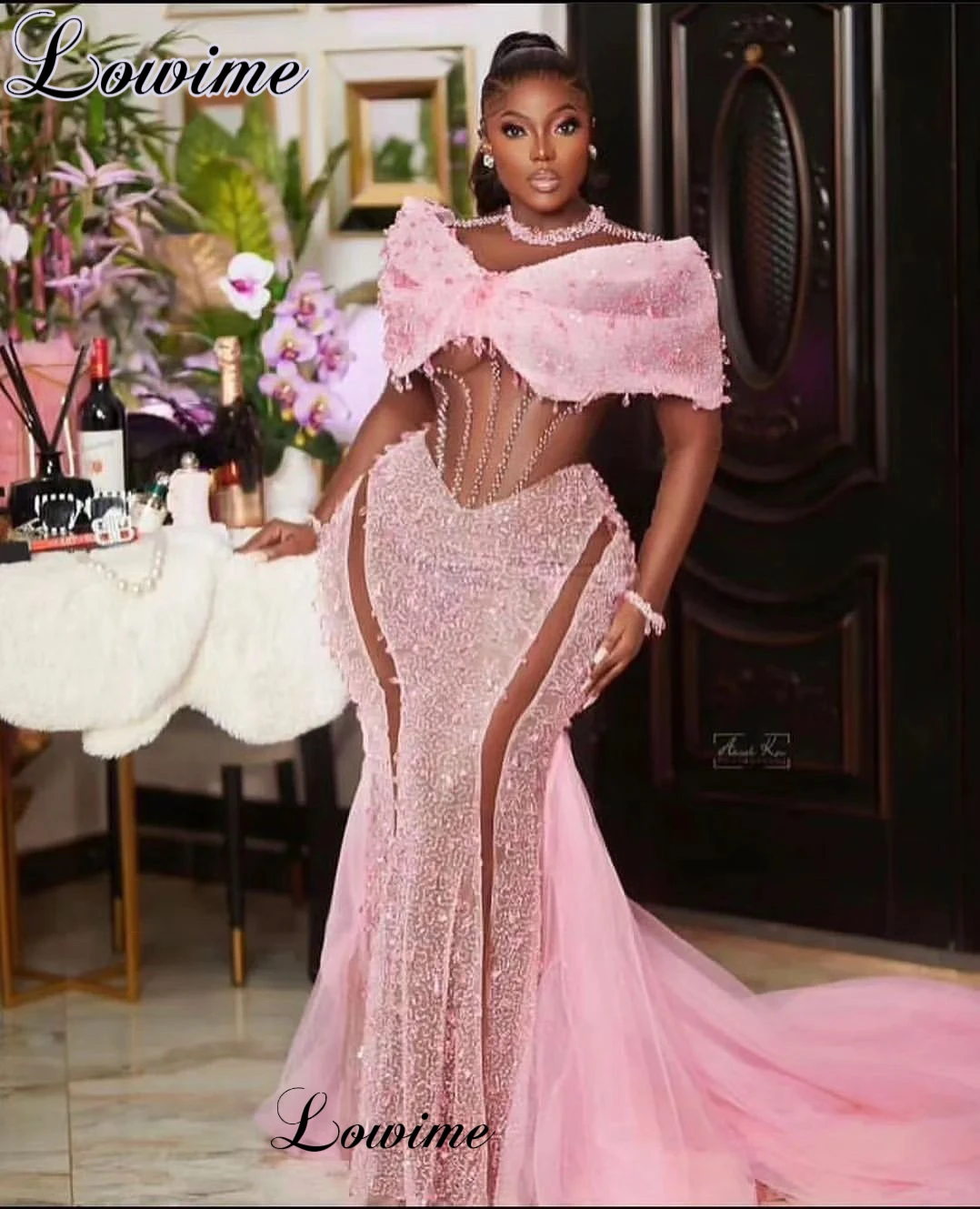 African-Pink-Celebrity-Dresses-Plus-Size-Crystals-Long-Sleeves-Evening ...