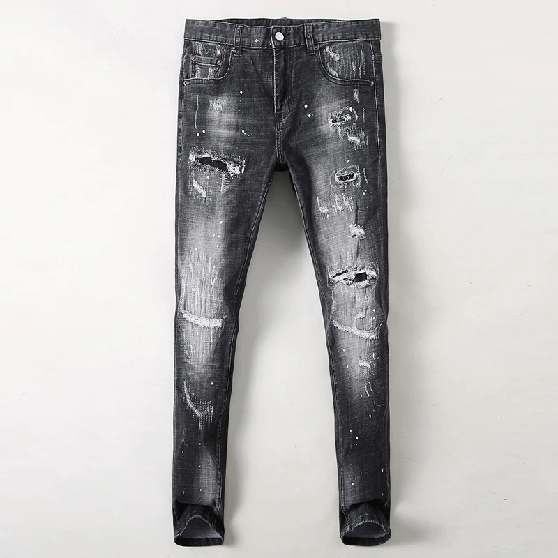 Fashion Streetwear Men Jeans Retro Black Gray Elastic Slim Ripped Jeans ...