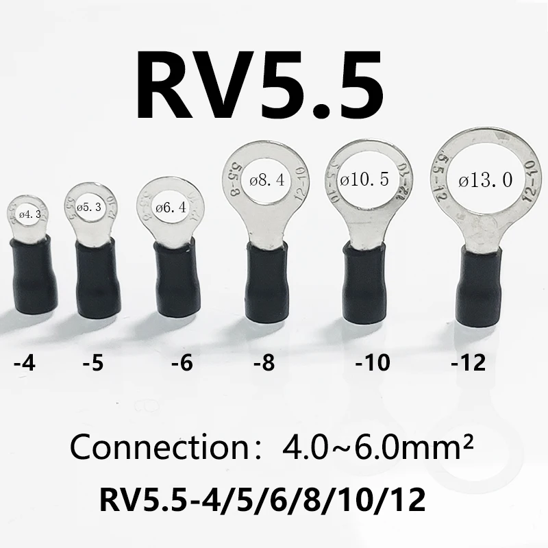 30PCS RV5.5-4/5/6/8/10/12 AWG12-10 Ring Insulated Terminal Cable Lug ...