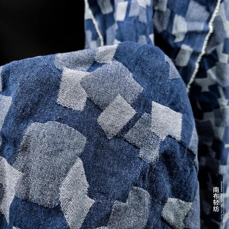 Checkered-Denim-Fabric-Dark-Blue-Double-sided-Patchwork-Cloth-Jacket-Skirt-Designer-Apparel-for ...