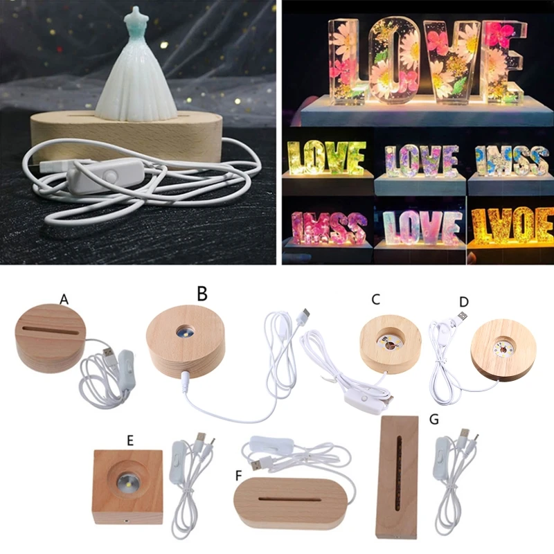 Handmade-Wood-Rectangle-Round-Oval-Shape-LED-Display-Base-Resin-Art ...