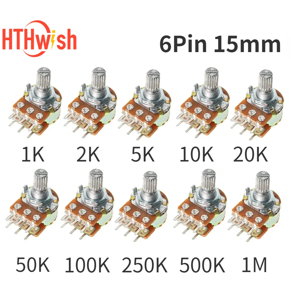 10PCS-WH148-Potentiometer-6Pin-15mm-Shaft-with-Nuts-and-Washers-Linear ...
