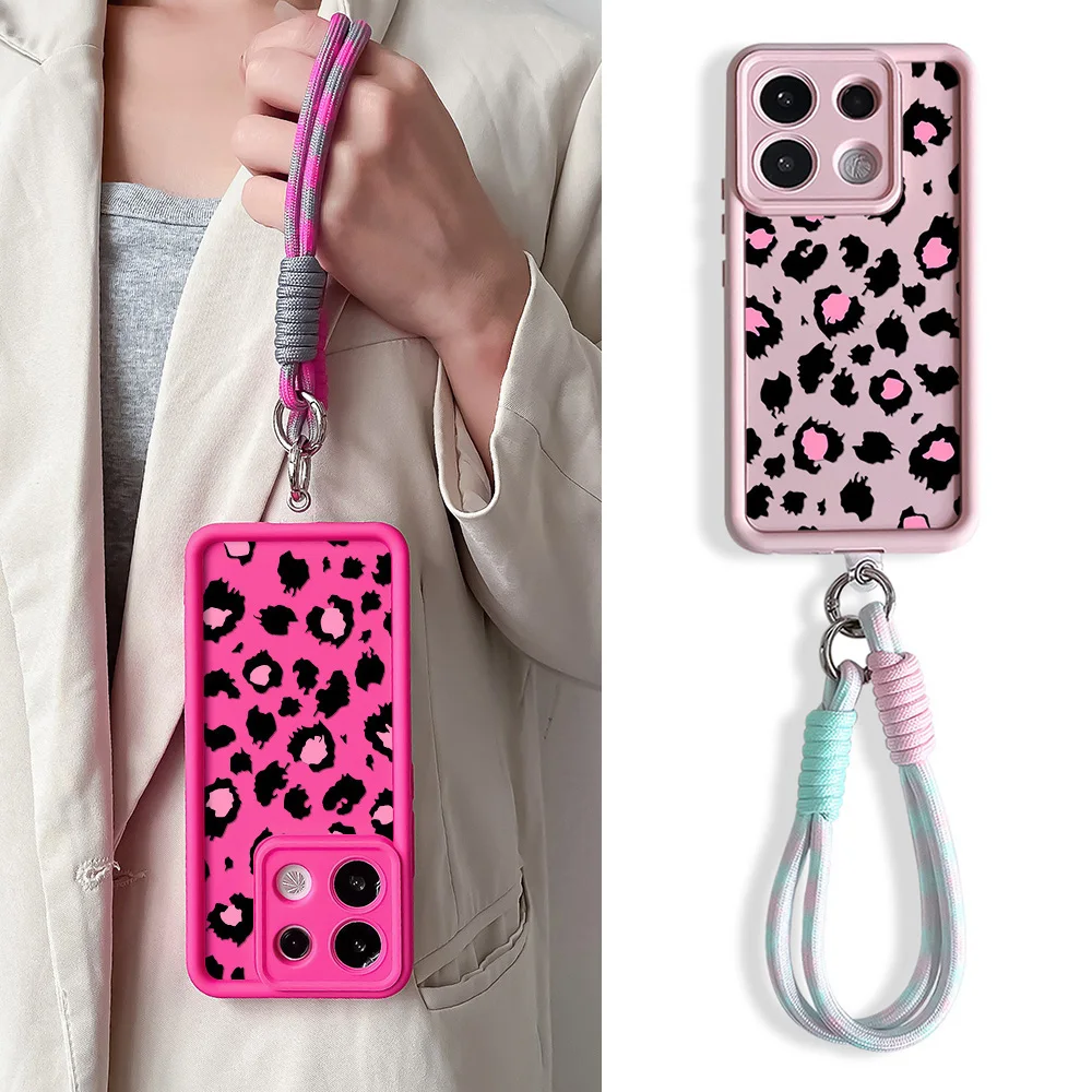 Leopard Print Phone Case with Wrist Chain and Lanyard Strap for Xiaomi 14 Pro (J69-Black-SS)