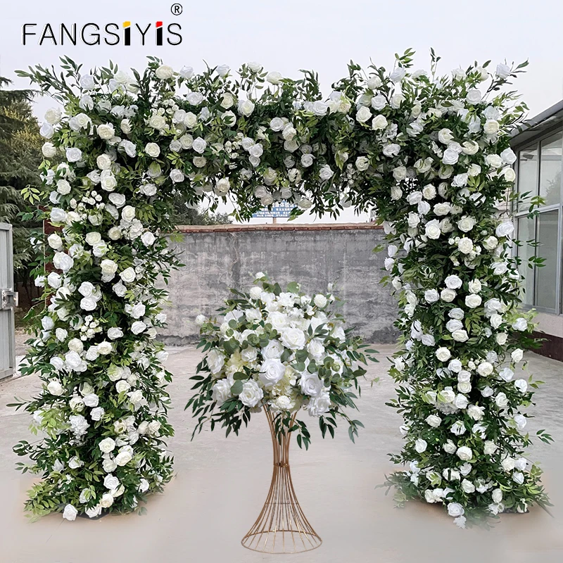 Luxury-Rose-Greenery-Banyan-Leaves-Flower-Arrangement-Wedding-Backdrop ...