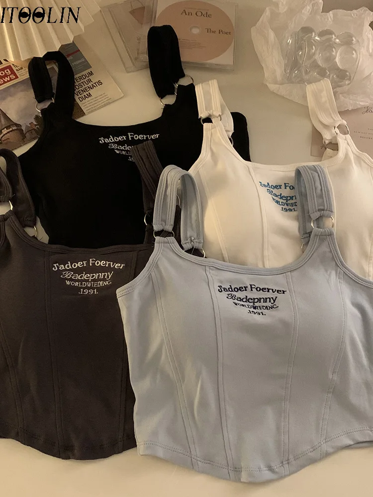 Itoolin Design Embroidery Letter Knitted Short Tank Tops With Bra Pad ...