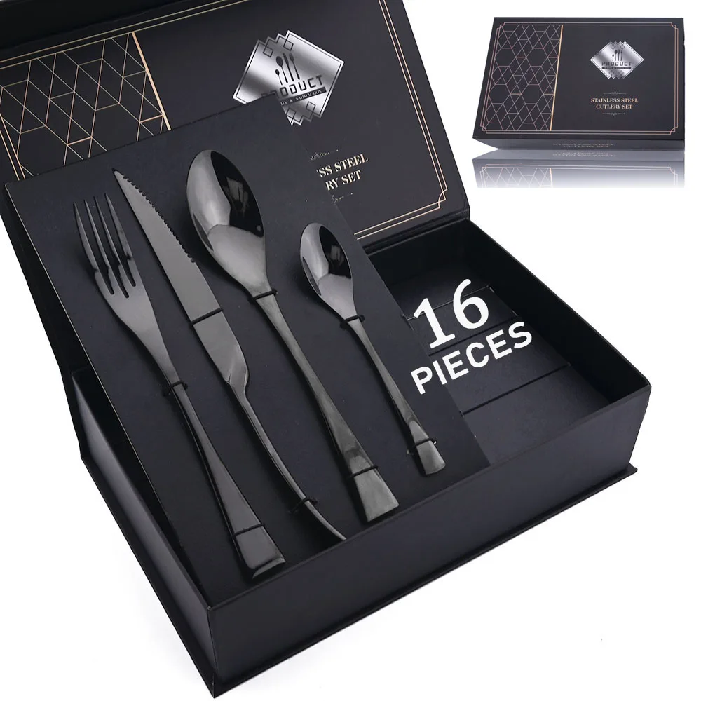 16Pcs-Set-Black-Cutlery-Set-304-Stainless-Steel-Tableware-Set-Knife ...