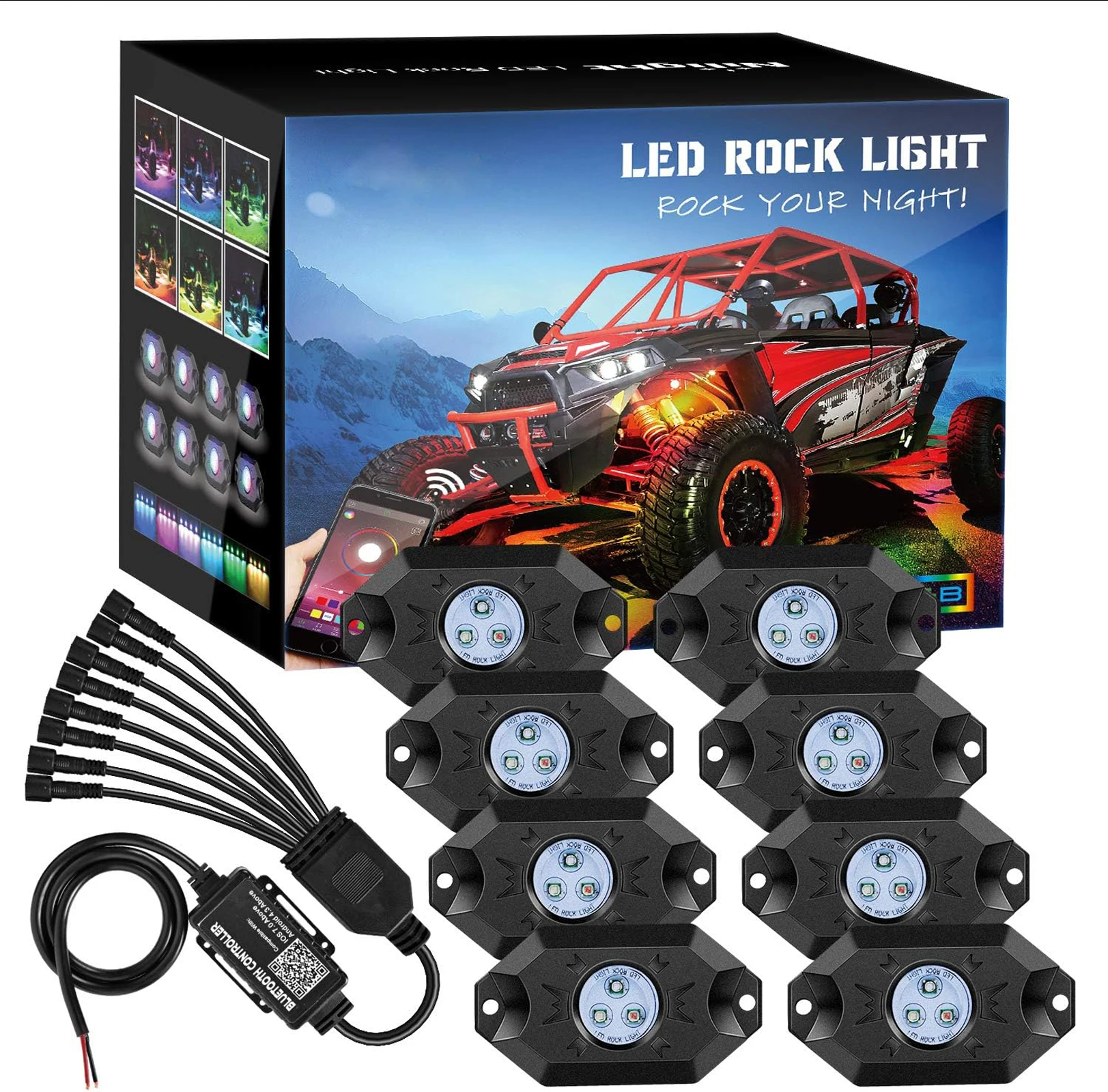 RGB-LED-Rock-Lights-Kit-8-pods-Underglow-Multicolor-Neon-Light-Pod-with ...