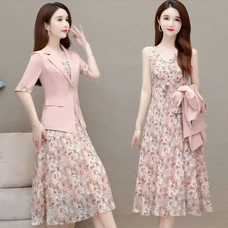 Women-s-Thin-Blazers-Floral-Dress-Set-Summer-New-Casual-Suit-Jacket-Mid ...