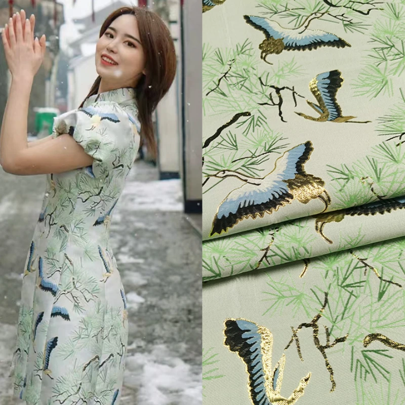 Golden-Silk-Brocade-Jacquard-Fabric-Chinese-Style-Pine-Crane-Peng-Peng ...