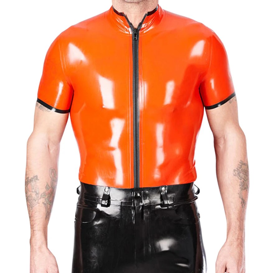 Orange Latex Men T-shirt Short Sleeves Rubber Top Tee With Front Zip ...