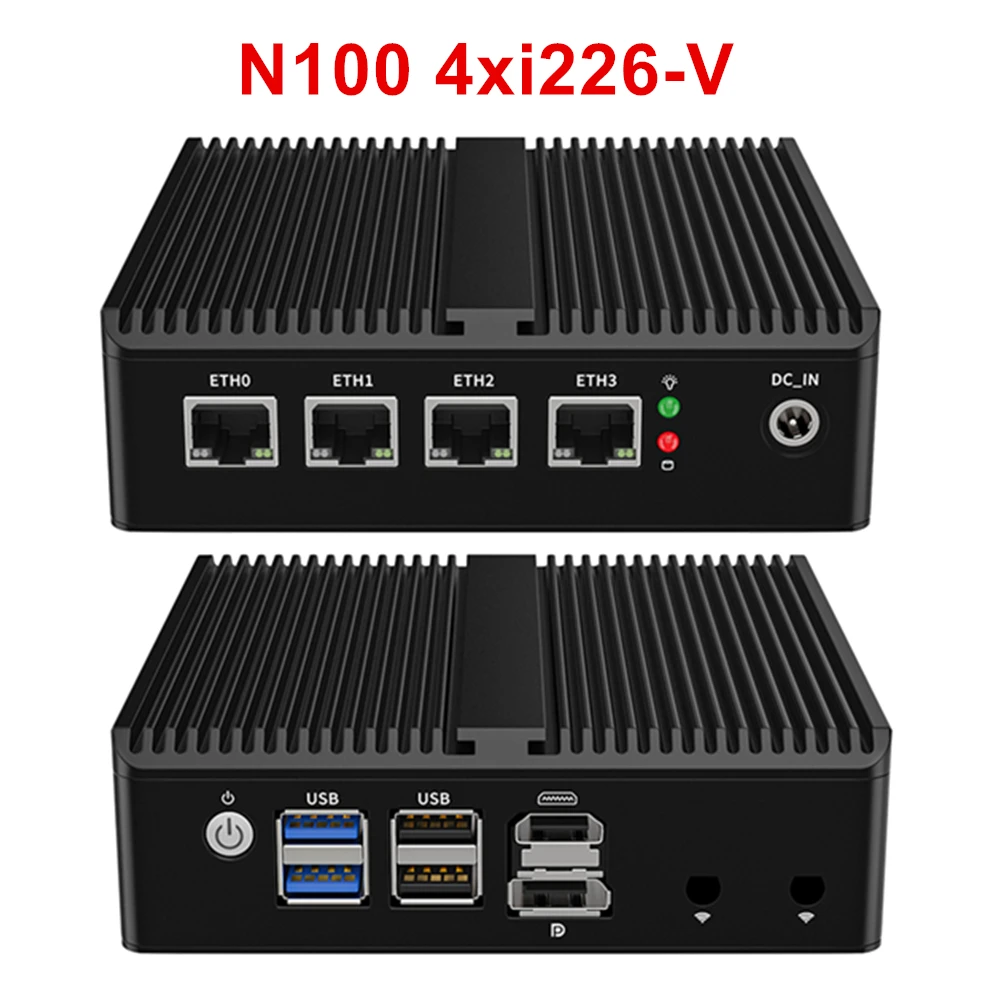 12 Gen Intel Firewall N100 Router lunak 4x2.5G i226-V LAN NVMe DDR5 PC Mini tanpa kipas industri ...