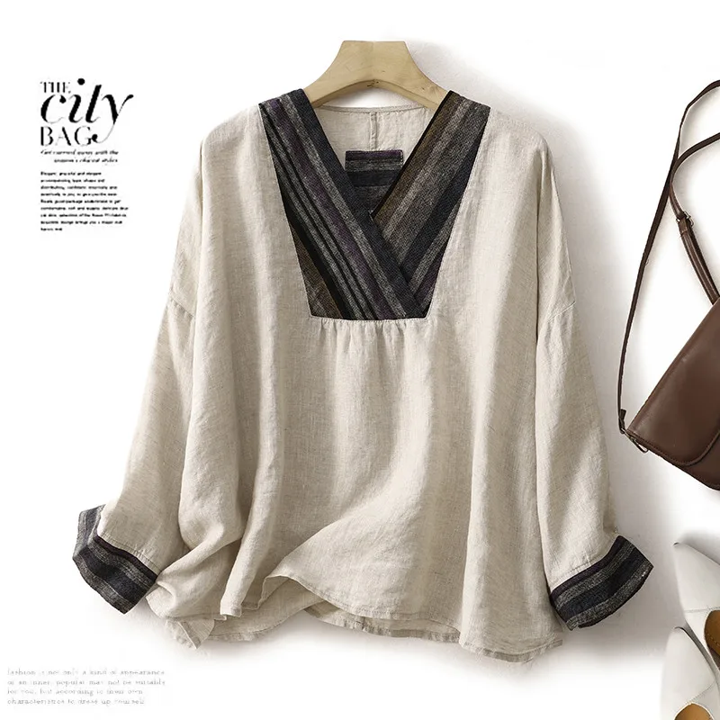 Limiguyue Summer Causal Cotton Linen Blouse Women Contrast Color V Neck