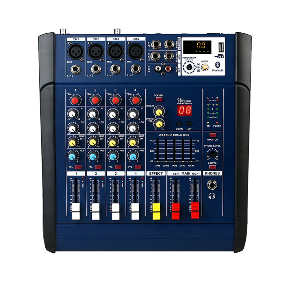 4 Channels 800W Audio Mixer Mixing Console With Power Amplifier USB 48V ...