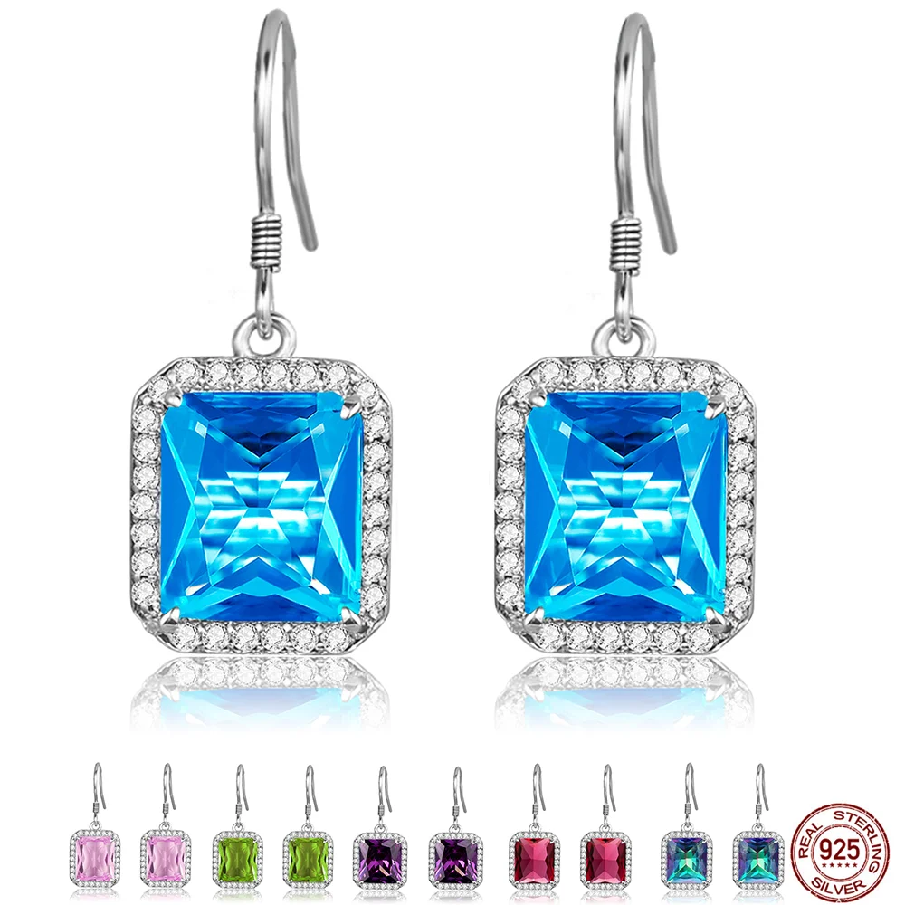 Classic Real 925 Sterling Silver Earring Blue Topaz Square Drop ...
