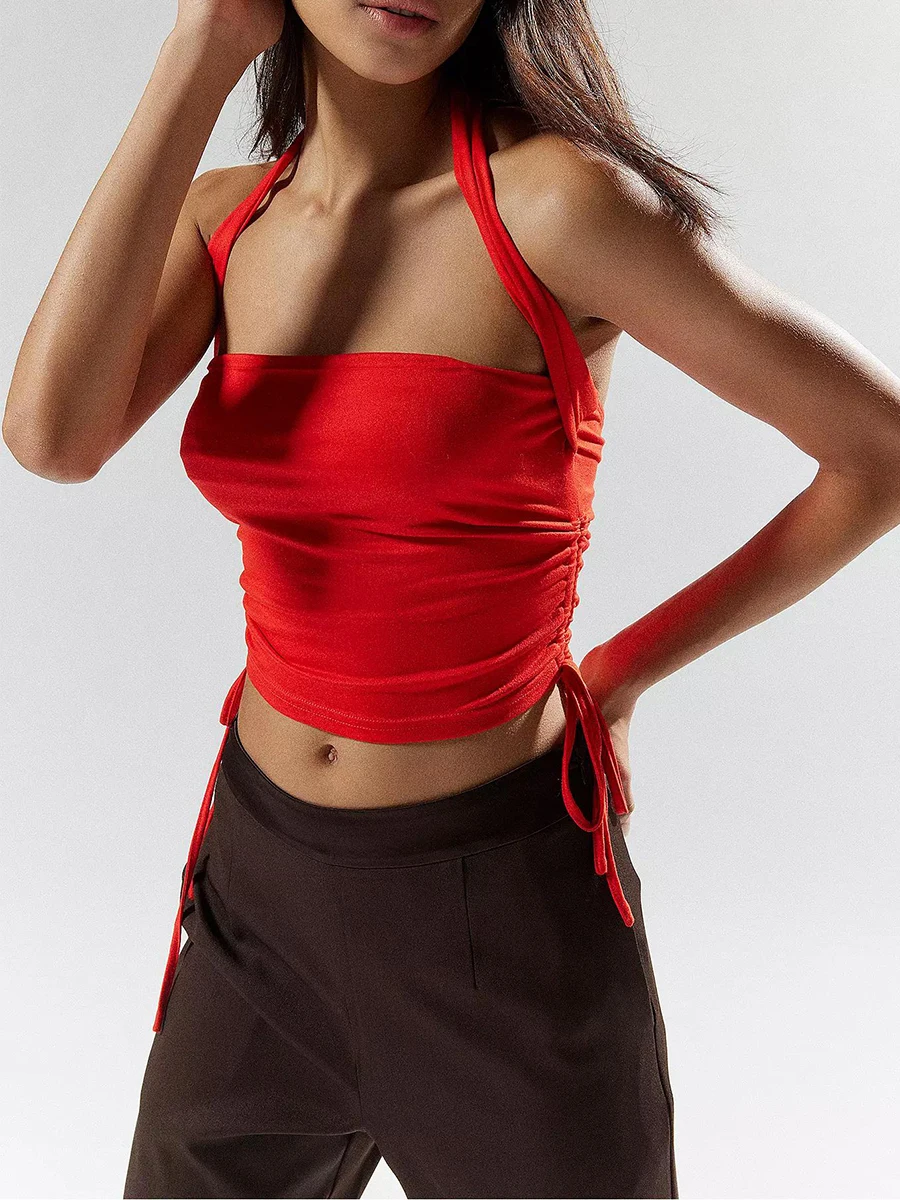 New-Womens-Summer-Halter-Tank-Tops-Solid-Color-Side-Drawstring-Ruched-Vest-Backless-Crop-Tops ...