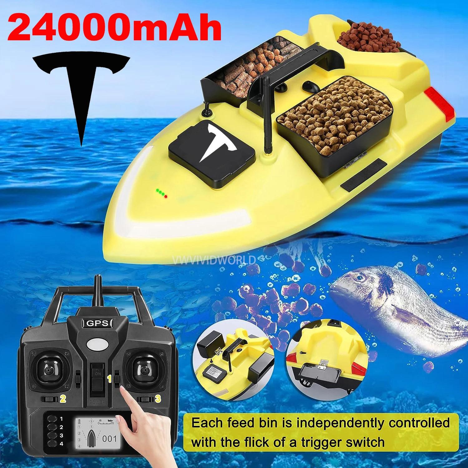 TESLAX-24000mAh-GPS-RC-Fishing-Bait-Boat-500M-Remote-Control-Fish ...