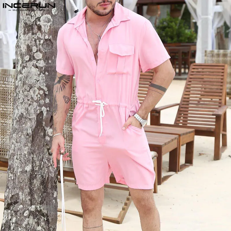 2024-Men-Rompers-Solid-Lapel-Short-Sleeve-Pockets-Casual-Male-Jumpsuits ...