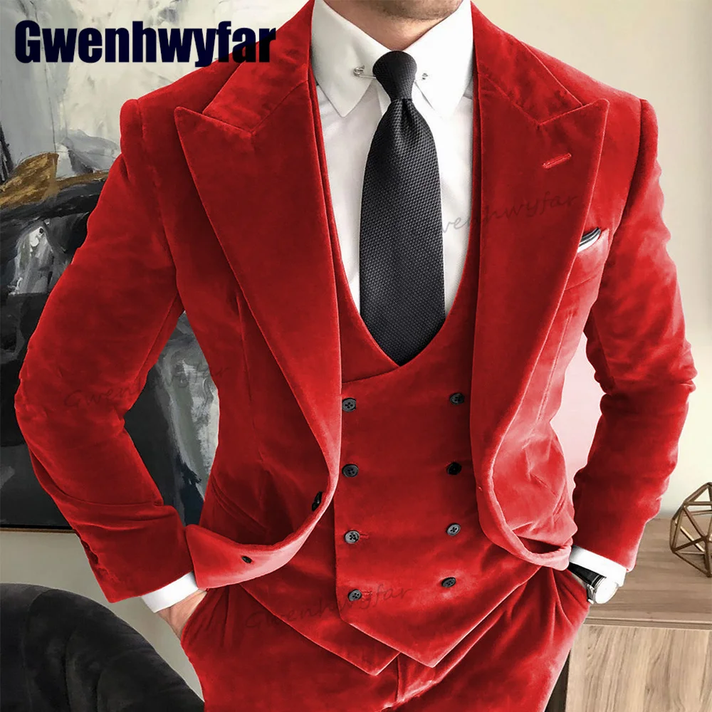 Gwenhwyfar Luxury Red Velvet Smoking Men Suit Jackets Set Peak Lapel ...