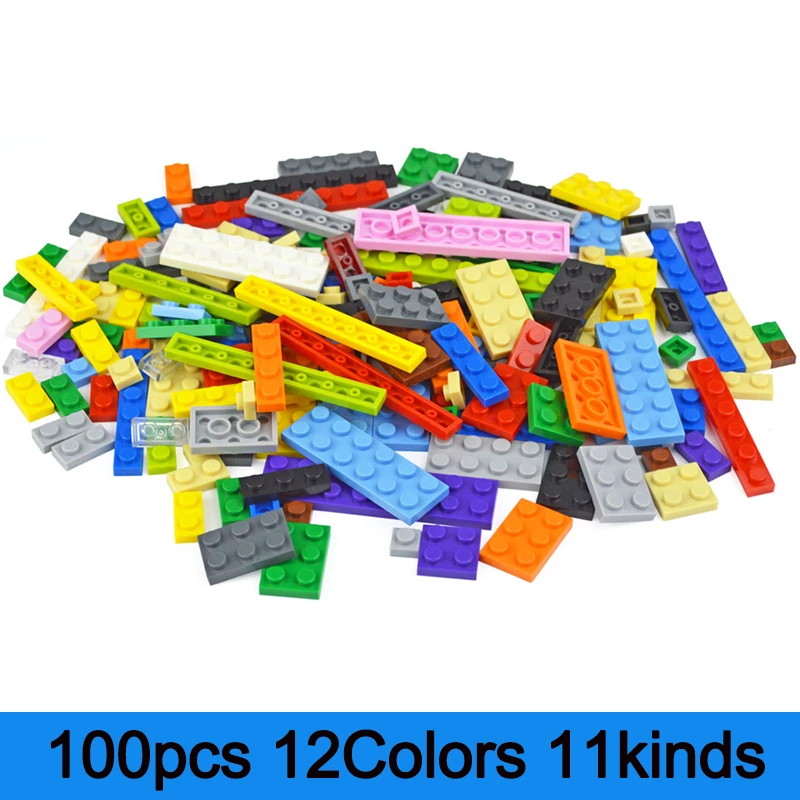 100Pcs Bulk Parts Thin Bricks 11 Size Mixed 15 Color Building Blocks ...