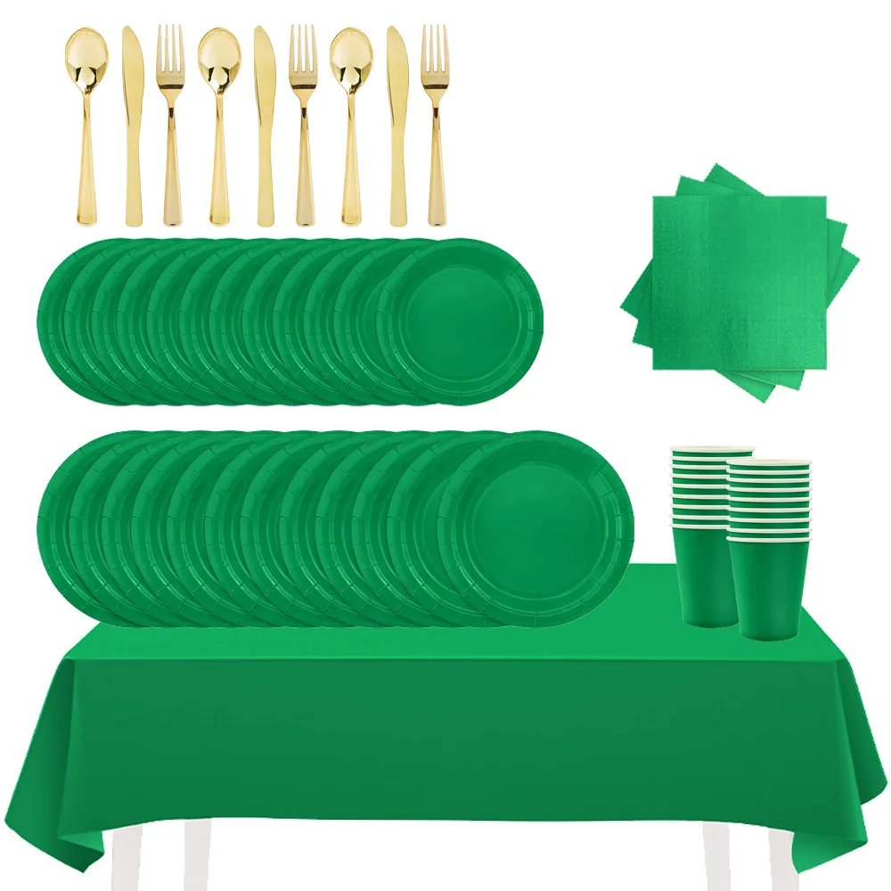 Green-Solid-Disposable-Tableware-Set-Party-Supplies-Paper-Plates-Cups ...
