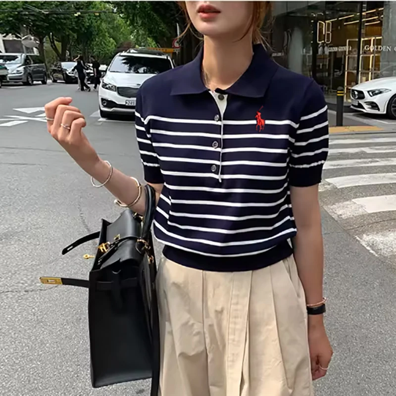 Women's POLO T-shirt Summer New Wool Knitted Short Sleeve Casual ...