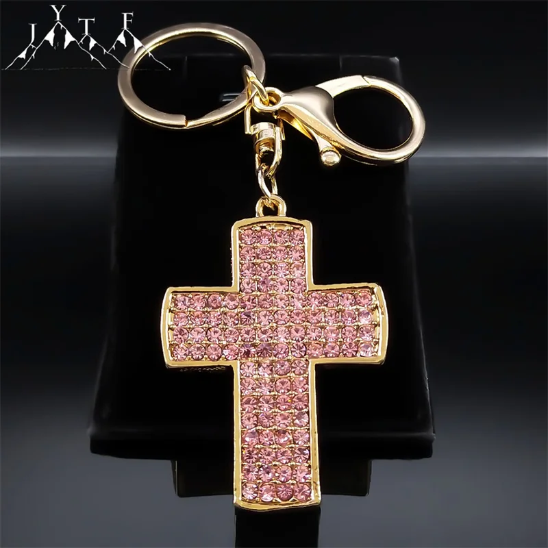 Sweet-Pink-Crystal-Cross-Key-Chain-for-Women-Alloy-Rhinestone-Gold ...