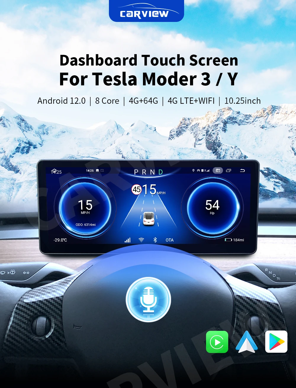 CARVIEW 10.25" Dashboard Touch Screen For Tesla Model 3 Y Andriod 12 4G ...