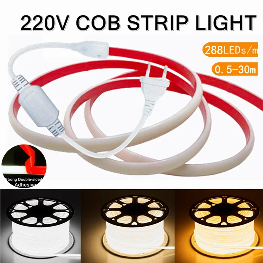 IP68-Waterproof-COB-LED-Strip-Lights-220V-Adhesive-Tape-with-EU-Plug ...