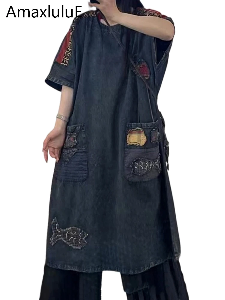 Amax LuluE Summer Chinese Womens Casual Embroidery Denim Dress Loose ...