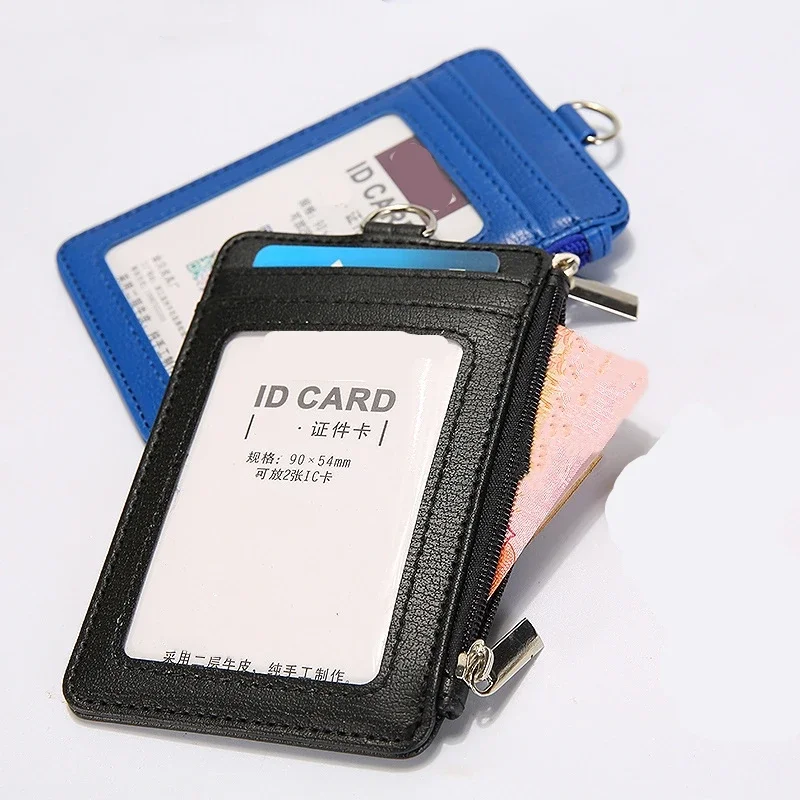1pc Leather ID Badge Card Holder Lanyard Zipper Card Case Business Card ...
