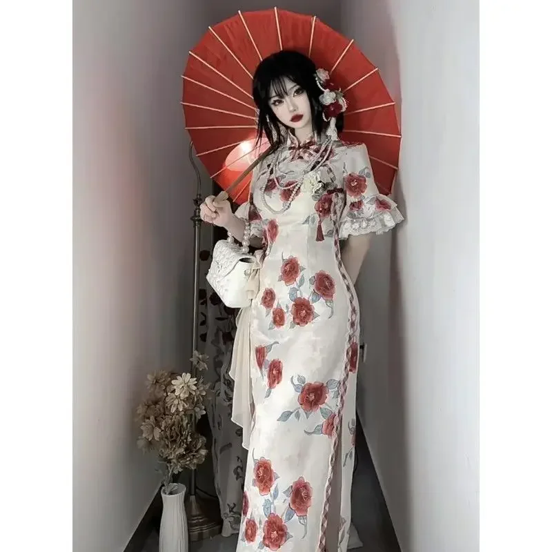 Gothic Style Rose Printed Lace Stitching Side Slit Cheongsam: A Real ...