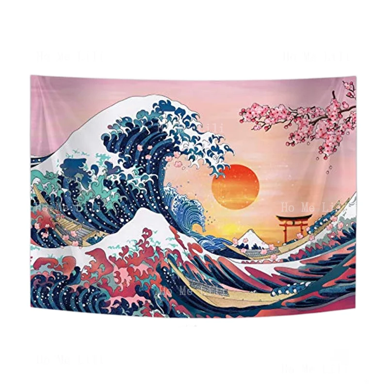 Japanese-Wave-Wall-Decoration-Cherry-Tree-Background-Sunset-Hanging ...