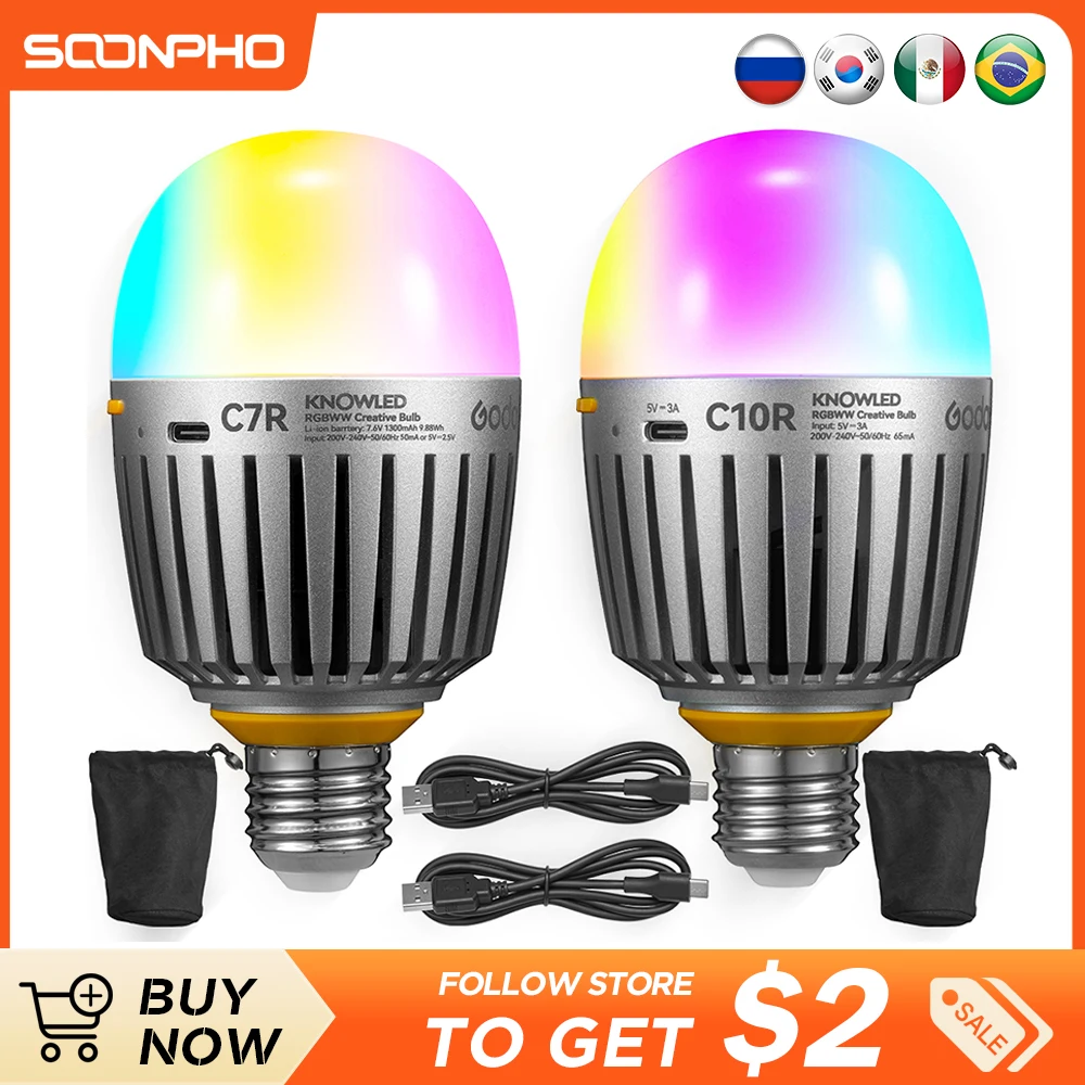 Godox-C7R-C10R-RGB-Bulb-Bluetooth-Adjustable-Lighting-Bulb-Portable-Built-In-Battery-Studio ...